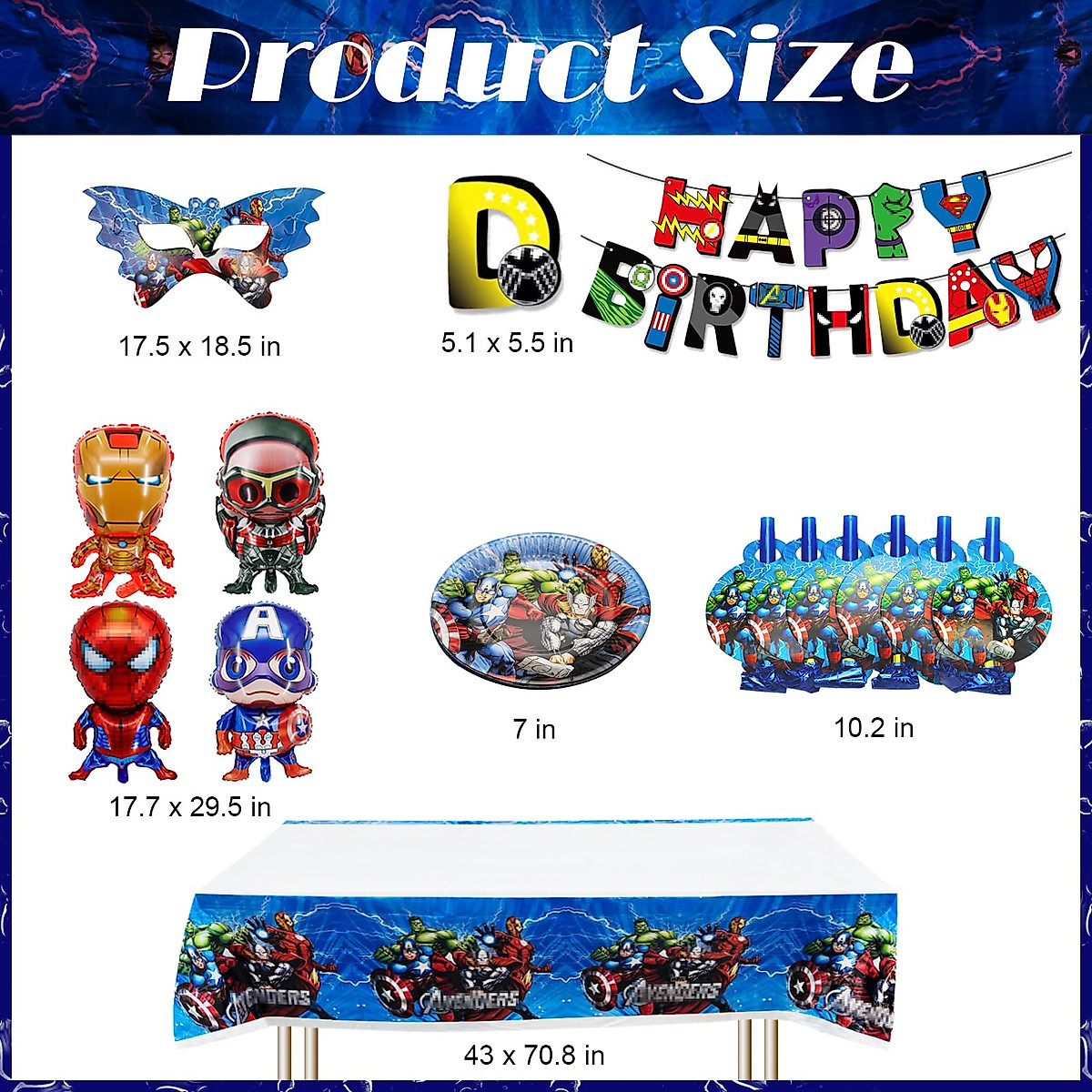 Superhero Party Decorations, Superhero Birthday Party Supplies, Superhero Blue Theme Decorations - Includes Superhero Plates and Napkins, Tablecloths, Banners, Balloons, Stickers.-189 Pcs