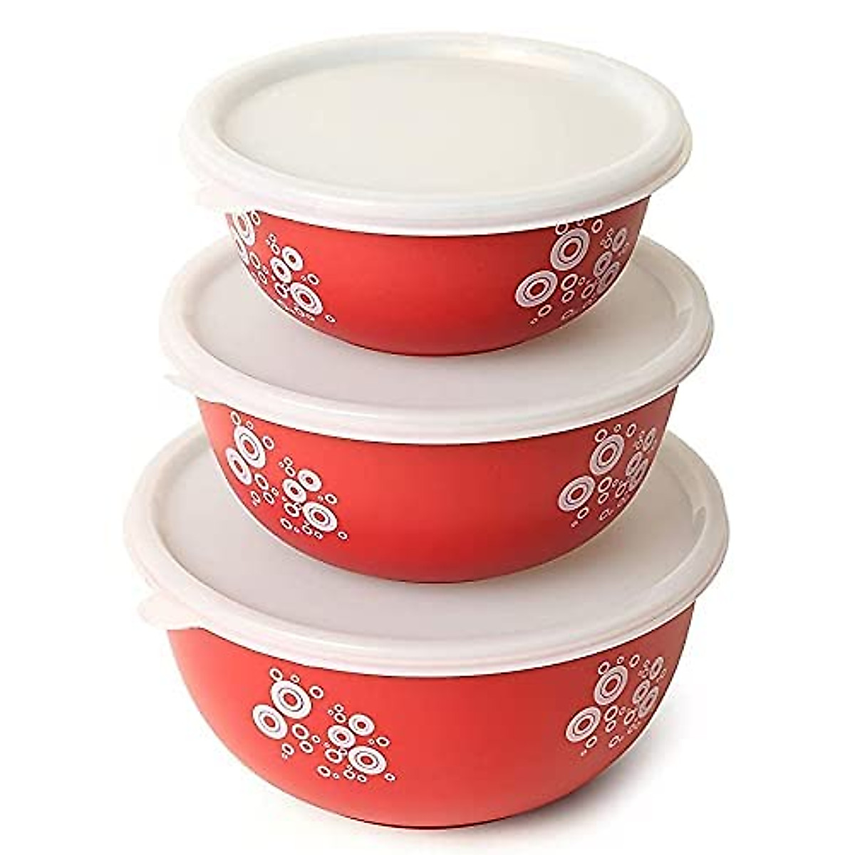 King International Microwave Safe Stainless Steel Red Designer Round Airtight Lid Food Storage Containers Set of 4,Stackable Mixing Bowl with Lid, Tiffin, Lunch Box