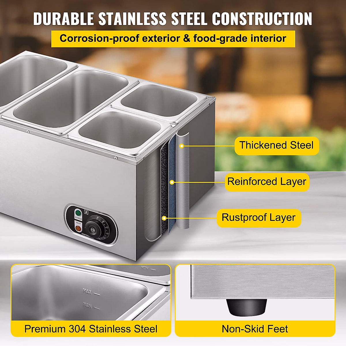VEVOR 110V Commercial Food Warmer, 4-Pan Stainless Steel Bain Marie 14.8 Qt Capacity,1500W Steam Table 15cm/6inch Deep, Electric Soup Warmer