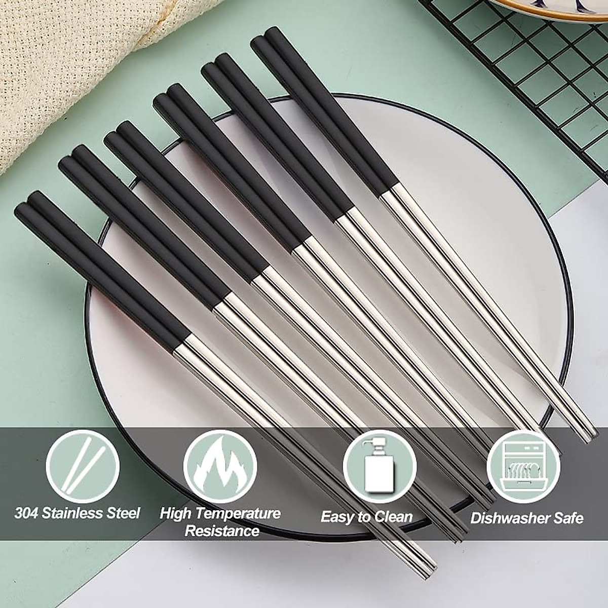 5 Pairs Stainless Steel Chopsticks, Slivek Reusable Premium Lightweight 304 Metal Chopsticks Dishwasher Safe, Non-slip, Lightweight, 9.05 inches (Black Silver)