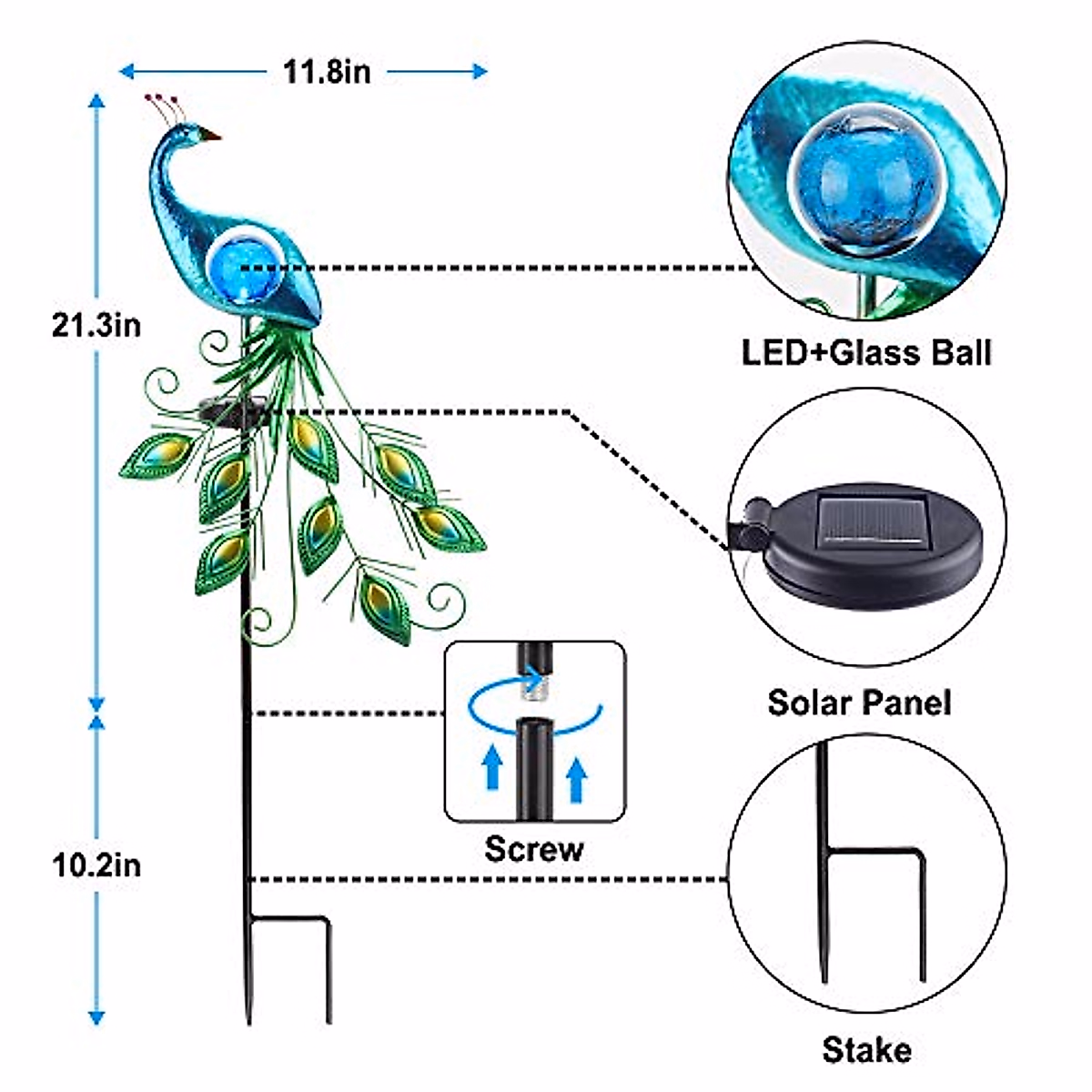 CHINLY Garden Solar Lights Stake, Metal Peacock Decor Solar Garden Lights Solar Peacock Stake for Outdoor Patio Yard Decorations (Blue Lampshade)
