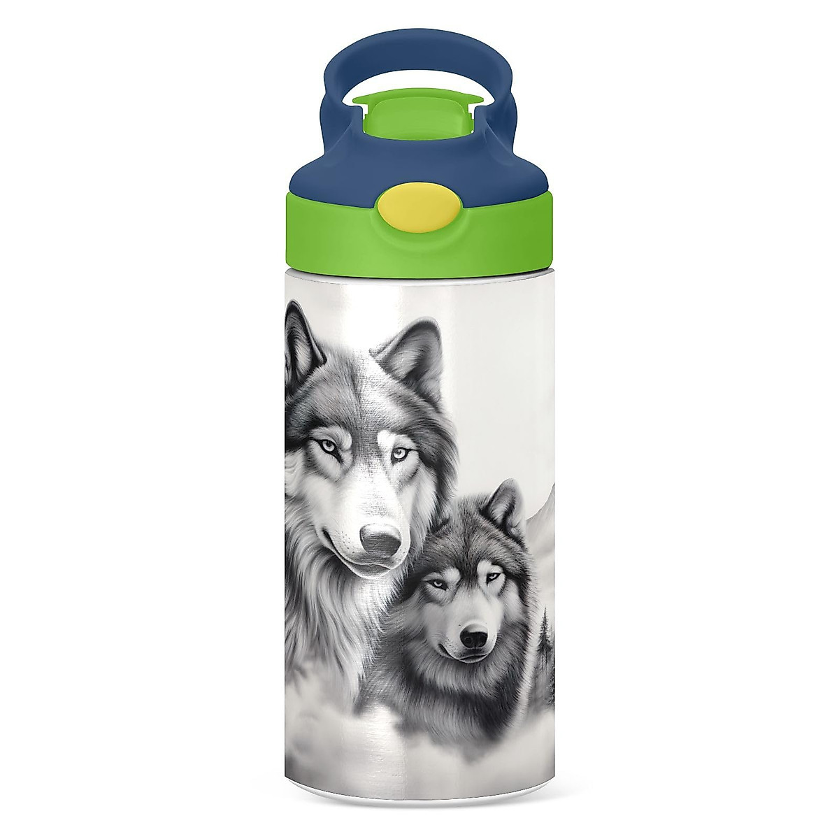 Kigai Gray Wolf Kids Insulated Water Bottle with Straw - Stainless Steel Travel Tumbler Double Wall Vacuum Leak Proof Kids Cup Hot for School Boys Girls