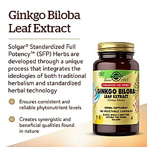 Solgar Ginkgo Biloba Leaf Extract, 180 Vegetable Capsules - Brain Health & Mental Alertness - Standardized Full Potency (SFP) - Non-GMO, Vegan, Gluten Free, Dairy Free, Kosher, Halal - 180 Servings