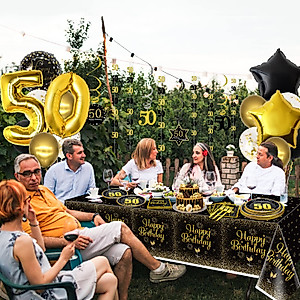 Hegbolke 50th Birthday Decorations for Women and Men - 81 Pcs Plates Napkins 50th Tablecloth Forks Set Black and Gold Party Decorations Serve 20