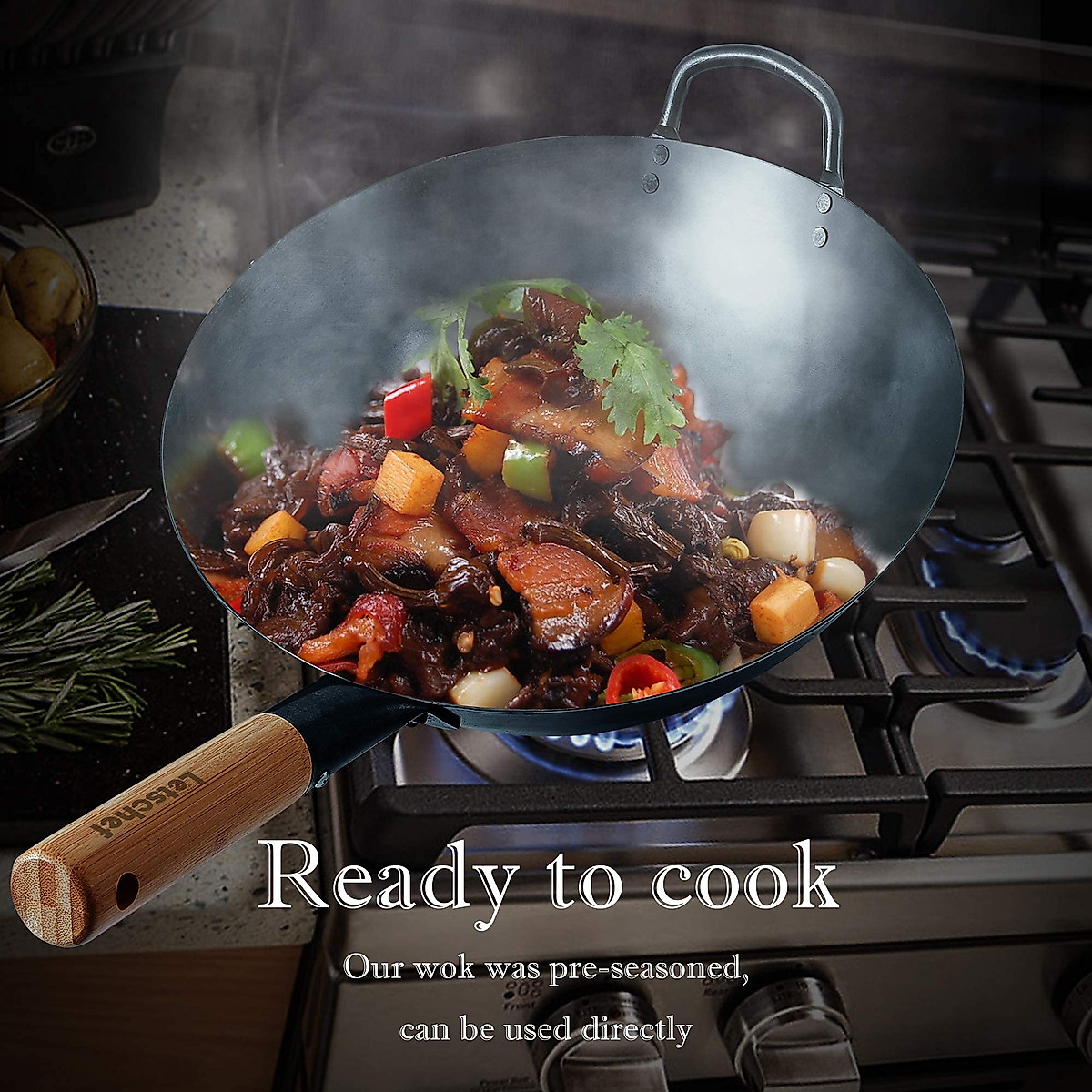 Letschef Preseasoned Carbon Steel Wok 14 Inches Hand Hammered Chinese Traditional Wok and Stir Fry Pan Round Bottom with Bamboo Handle PFOA Free Cookware