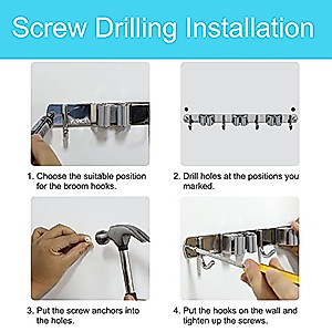 2 Pack Mop and Broom Holder, Broom Holder Wall Mount, Broom Organizer Wall Mount, Stainless Steel Broom Holder with 3 Racks and 4 Hooks, Mop Holder for Home Kitchen Office Garden Garage