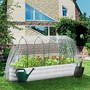 POTEY Raised Garden Bed with Greenhouse Galvanized Planter Box with 2 Greenhouse Cover for Outdoor Gardening Garden Box for Fruit, Vegetable, Flower, Herbs and Strawberry Plant
