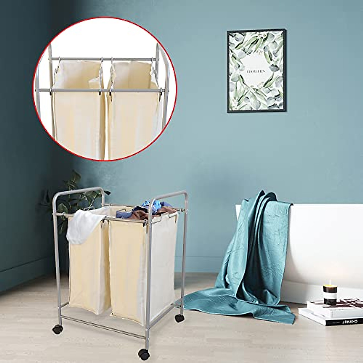 Laundry Sorter 2 Bag Laundry Hamper Cart with Rolling Lockable Wheels and Removable Bags Laundry Organizer Cart for Clothes Storage