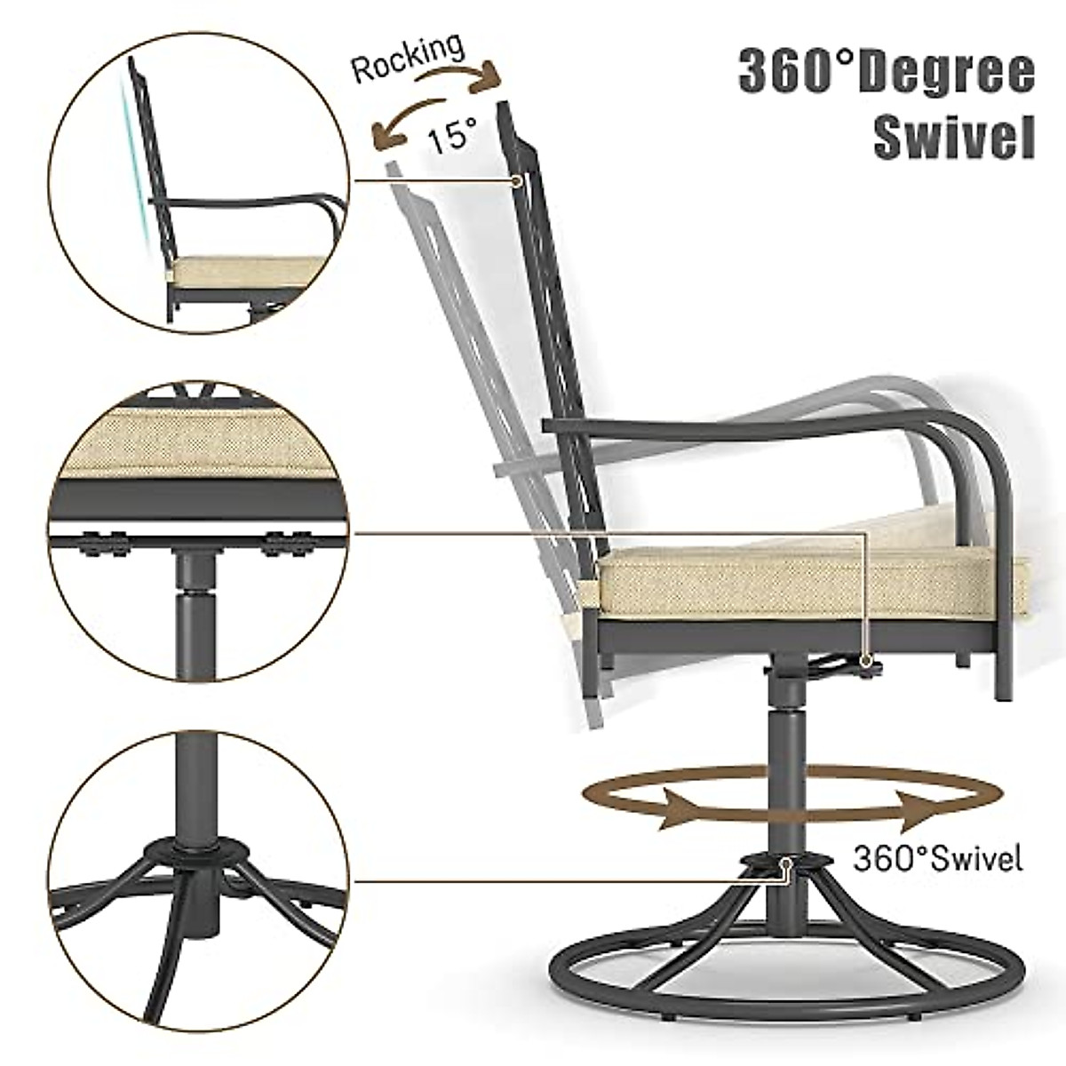 NSdirect Outdoor Swivel Chairs Set of 2, Patio Dninning Chairs with Cushion, Black Metal Bistro Arm, Rocking Chairs for Garden Backyard Lawn, Black and Khaki