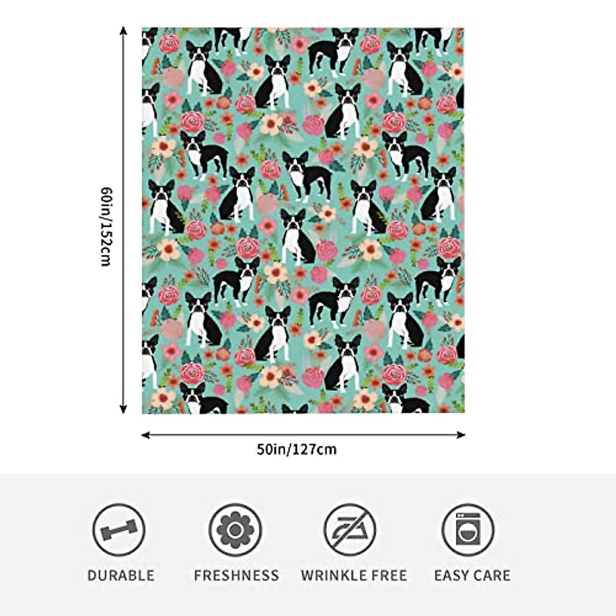 Boston Terrier Vintage Flowers Dog Throw Blanket, Ultra Soft Microplush Bed Blanket, All Season Microfiber Fleece Throw for Bed Chair Sofa Couch Bedroom 60"X50"