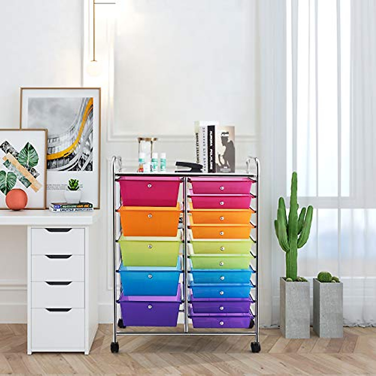 HAPPYGRILL 15 Drawer Storage Drawer Cart Organizer Cart Tools Office School Utility Cart Paper Organizer Rolling Storage Cart with Wheels