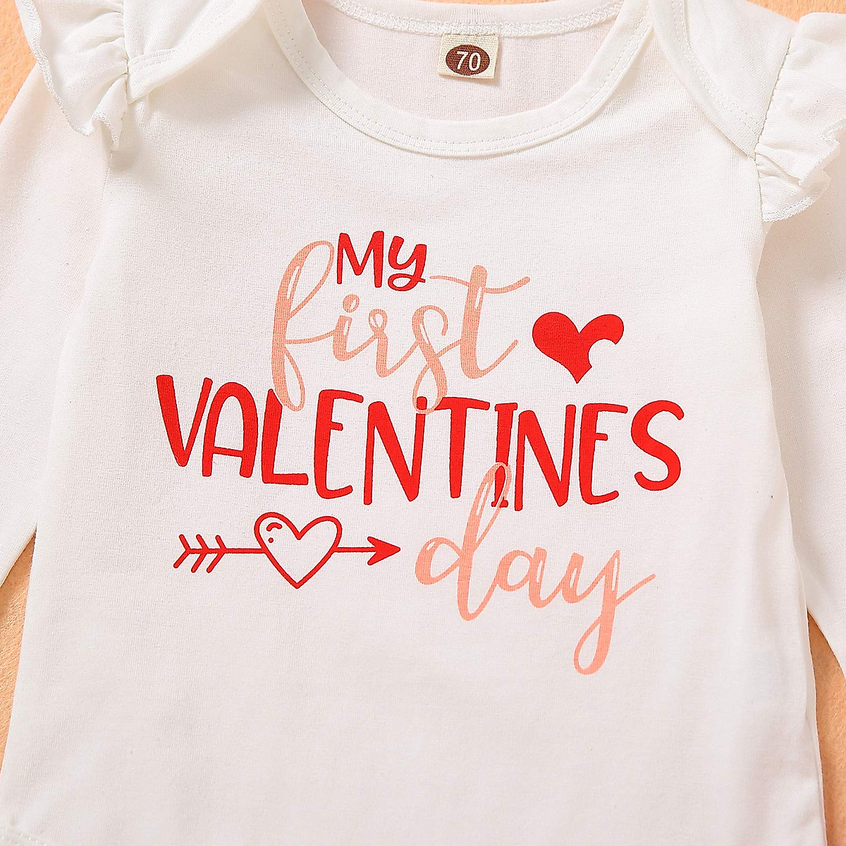 Baby Girls My First Valentine's Day Outfit Ruffles Long Sleeve Romper + Heart Suspenders Skirt Set(White, 6-9Months)