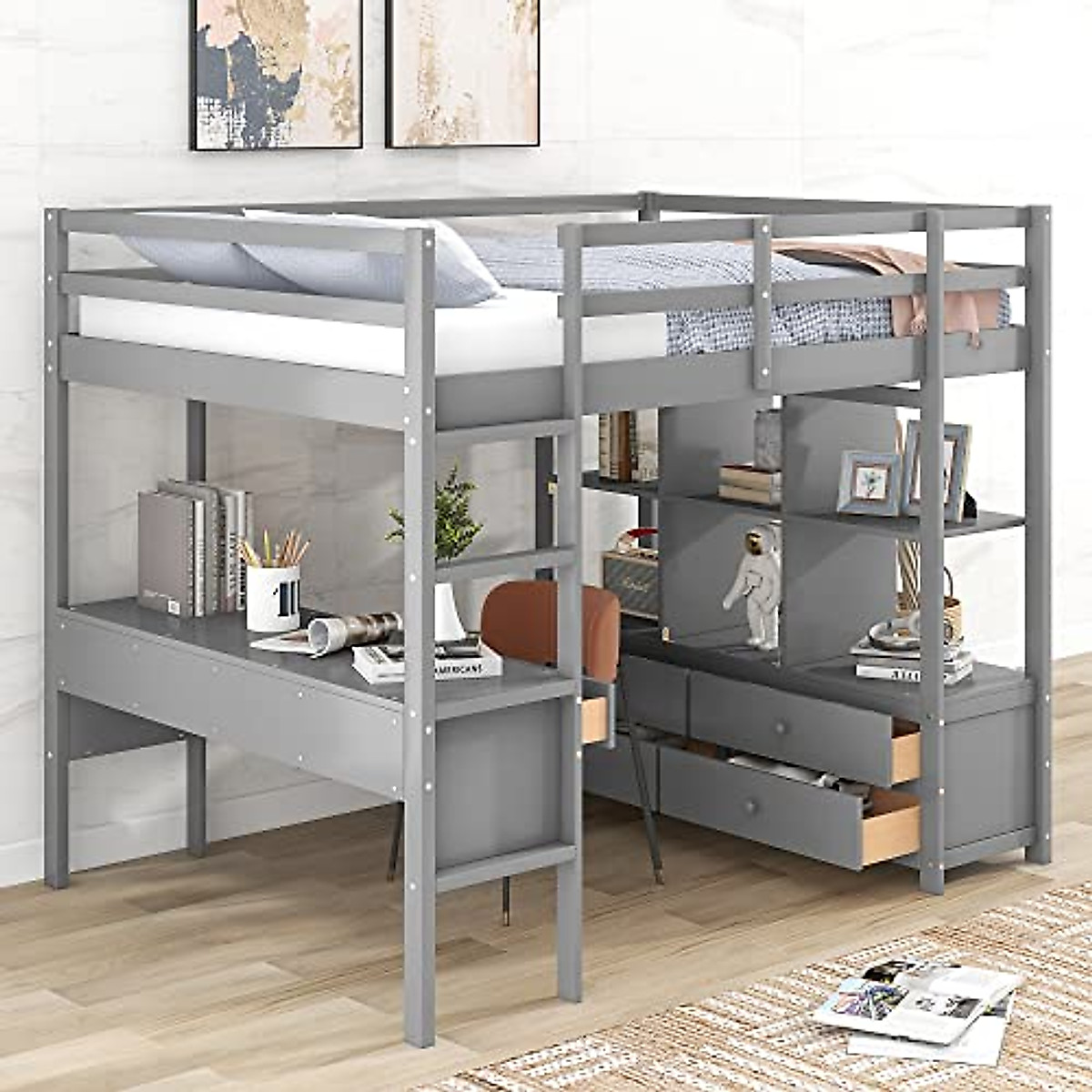 Harper & Bright Designs Full Size Loft Bed with Desk and 2 Drawers, Solid Wood Full Loft Bed with Storage Shelves and Drawers for Girls Boys Teens Adults,No Box Spring Needed,Grey