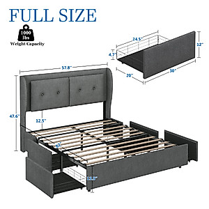LIMGLIM Full Size Bed Frame with Storage, LED Full Bed Frame and Wingback Headboard, Upholstered Platform Bed Frame with Drawers, No Box Spring Needed, No-Noise, Easy Assembly, Grey