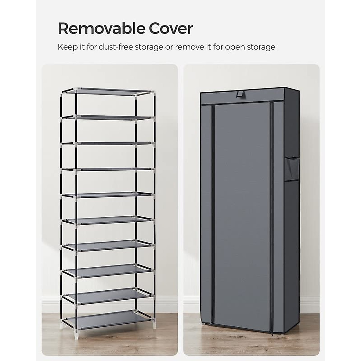 SONGMICS Shoe Rack, 9 Tier Shoe Organizer with Nonwoven Fabric Cover, Shoe Storage Shelf for 27-35 Pairs of Shoes, Entryway, Suitable for Sneakers, High Heels, Flats, and Boots, Grey URXJ10G