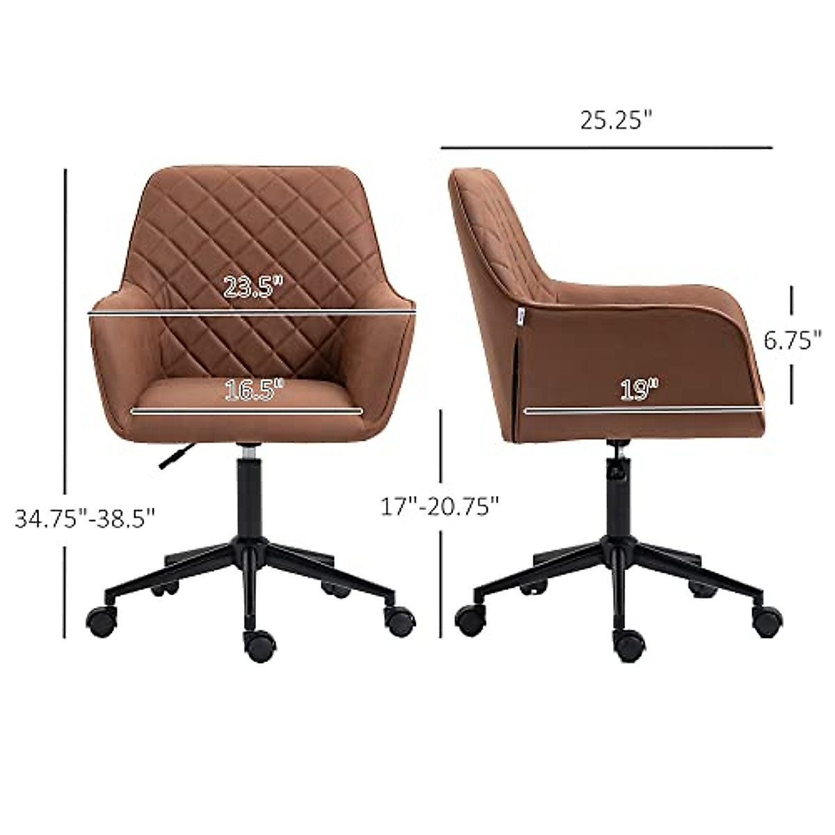 Vinsetto Mid Back Modern Home Office Chair Swivel Computer Desk Chair with Adjustable Height, Microfiber Cloth, Diamond Line Design, and Padded Armrests, Brown