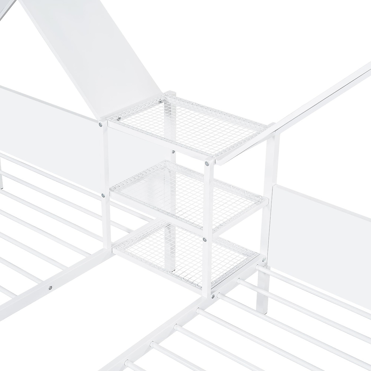 P PURLOVE Twin Size Double Bed for Kids,Metal Double Bed Frame,Two Twin Platform Beds with House-Shaped Headboard and a Built-in Nightstand for Boys Girls Teens,Wihite