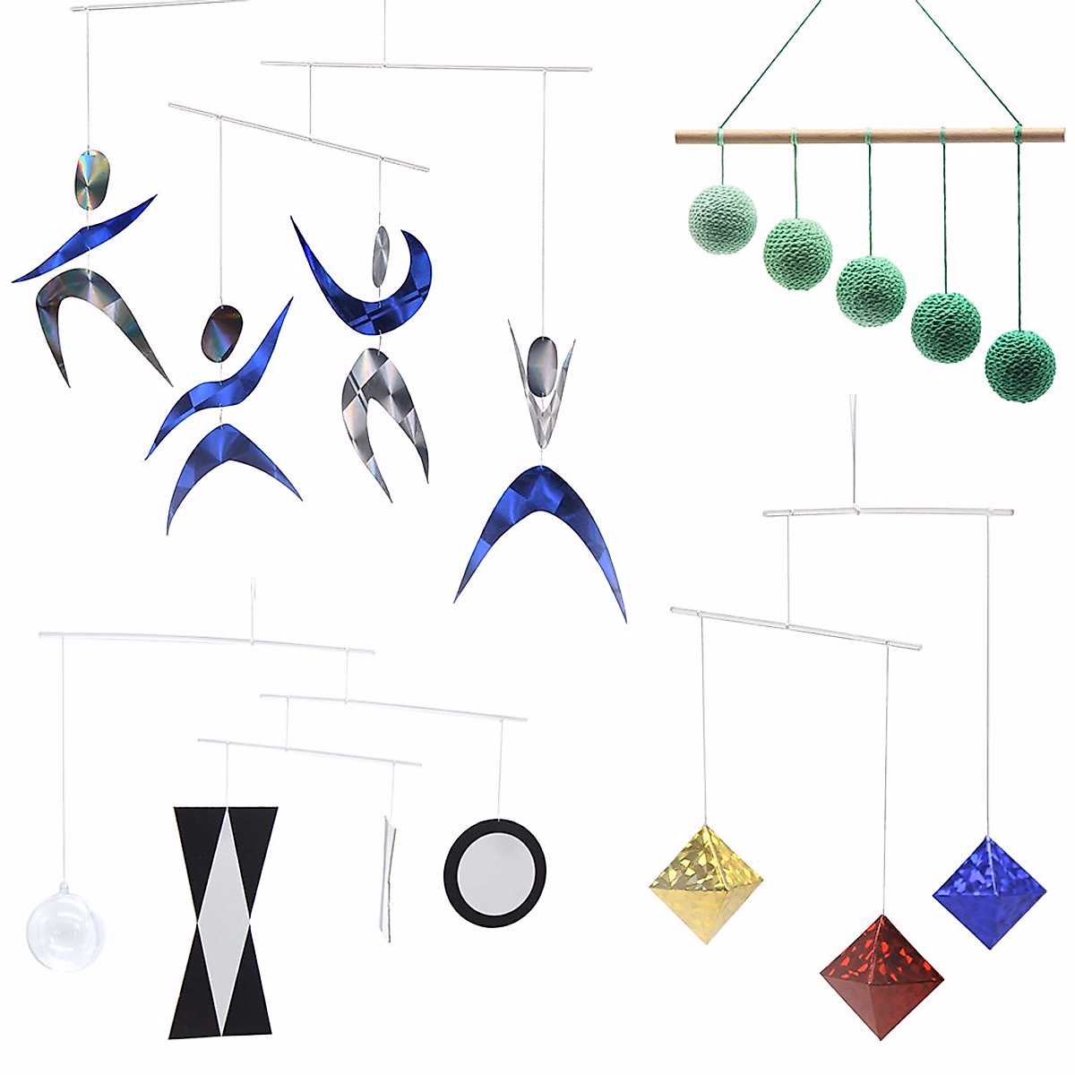 Four Classic Montessori Visual Mobiles, Munari (with Plastic Ball), Octahedron, Gobbi, Dancers, Optional Gobbi Colors, Blue, Green, Pink (4 Mobiles with Green Gobbi)