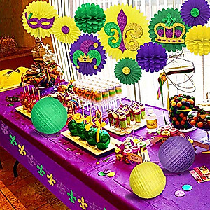 Mardi Gras Paper Fan Decoration Kit Fleur De Lis Flower Garland Green Gold Purple Glittery Cutouts Paper Honeycomb Balls Lanterns Backdrop for Mardi Gras Theme Birthday Masquerade Party Supplies New Orleans Carnival Favors
