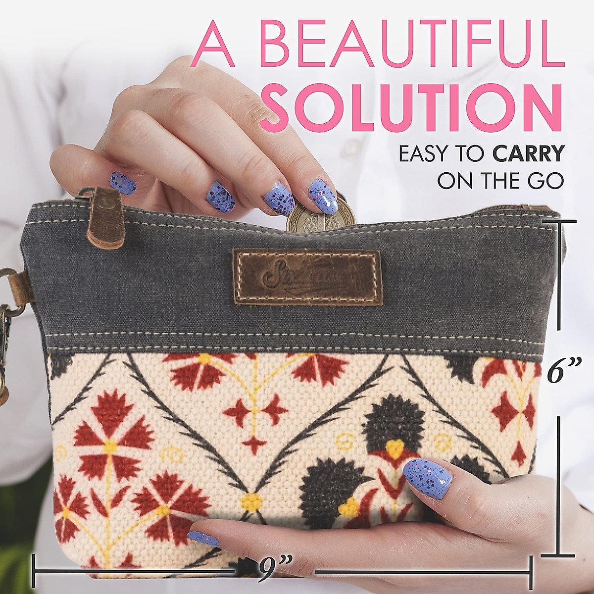 SIXTEASE Women's Fashion Wristlet Small Clutch With Wrist Strap - Vintage Style Zipper Made with Genuine Leather, Upcycled Canvas, Rug, or Hair On - Unique Designs, Hand Stitched - Mink