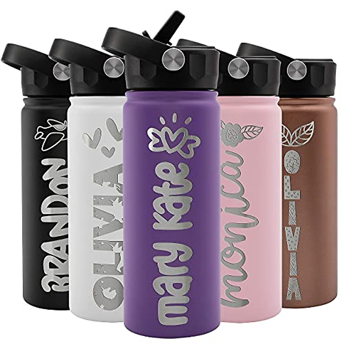 Personalized Kids Water Bottle w NAME & 36 ICON FREE ENGRAVING! Custom Toddler Water Bottle for Children | 18 oz - 9 Color | BPA Free - Double Wall Insulated