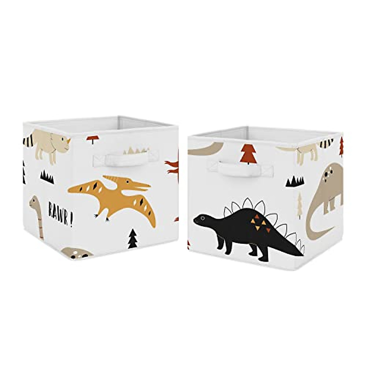 Sweet Jojo Designs Mod Dino Foldable Fabric Storage Cube Bins Boxes Organizer Toys Kids Baby Children - Set of 2 - Orange Tan Rust Taupe Mustard Yellow Beige Brown Black Modern Dinosaur Boho Dinosaurs