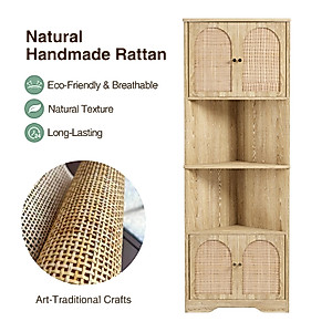FiveWillowise 67''H Tall Corner Cabinet with Handmade Rattan Door, Rattan Storage Cabinet with Adjustable Shelves, Corner Bookshelf Space Saver for Barthroom, Kitchen, Natural
