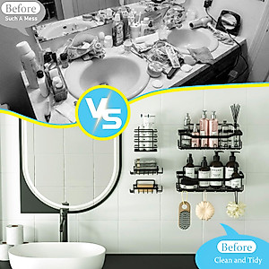 Juya Shower Caddy, 5-Pack Shower Organizer, Adhesive Shower Shelves No Drilling Rustproof Stainless Steel Large Capacity Wall-Mounted Bathroom Organizer for Bathroom, Kitchen, Black