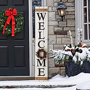 Glitzhome Welcome Sign for Front Door Porch Rustic Farmhouse Wooden Hanging Wall Decor with Interchangeable Floral Wreath, 60" H, White