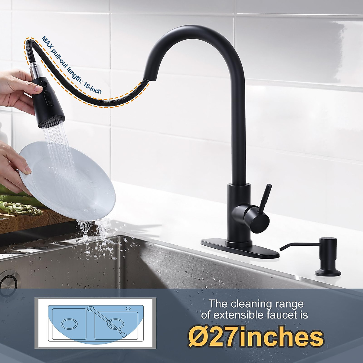 WOWOW Black Kitchen Faucet with Soap Dispenser, Stainless Steel Kitchen Sink Faucet, Matte Black Kitchen Faucet Single Handle High Arc Utility Sink Faucet for Sink, RV, Laundry, Bar