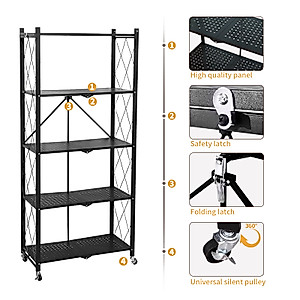 ExGizmo Storage Shelves,5-Shelf Foldable Metal Garage Shelveing with 4 Wheels,Large Capacity Shelving Unit,No Assembly Organizer Rack,Movable Storage Rack for Room,Kitchen,Grocery Room (Black)
