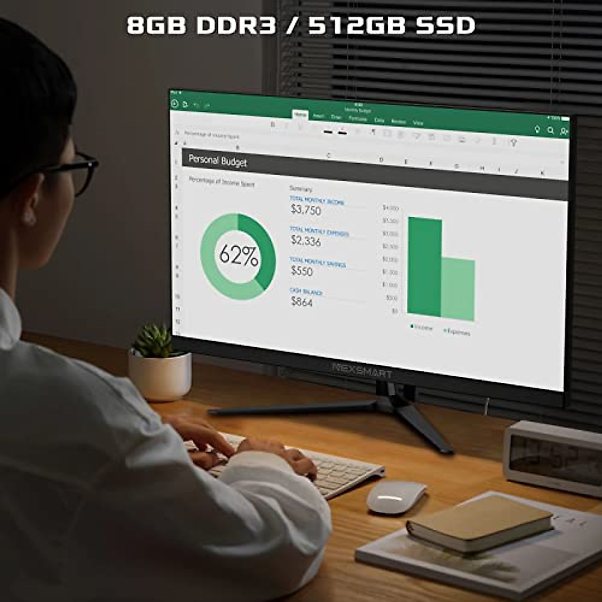 27 Inch All in One Desktop PC Intel Celeron N5095 Desktop Computer 8GB RAM 512GB ROM SSD Full HD IPS Display Computer with Dual WiFi Bluetooth 5.0 Keyboard and Mouse USB3.0