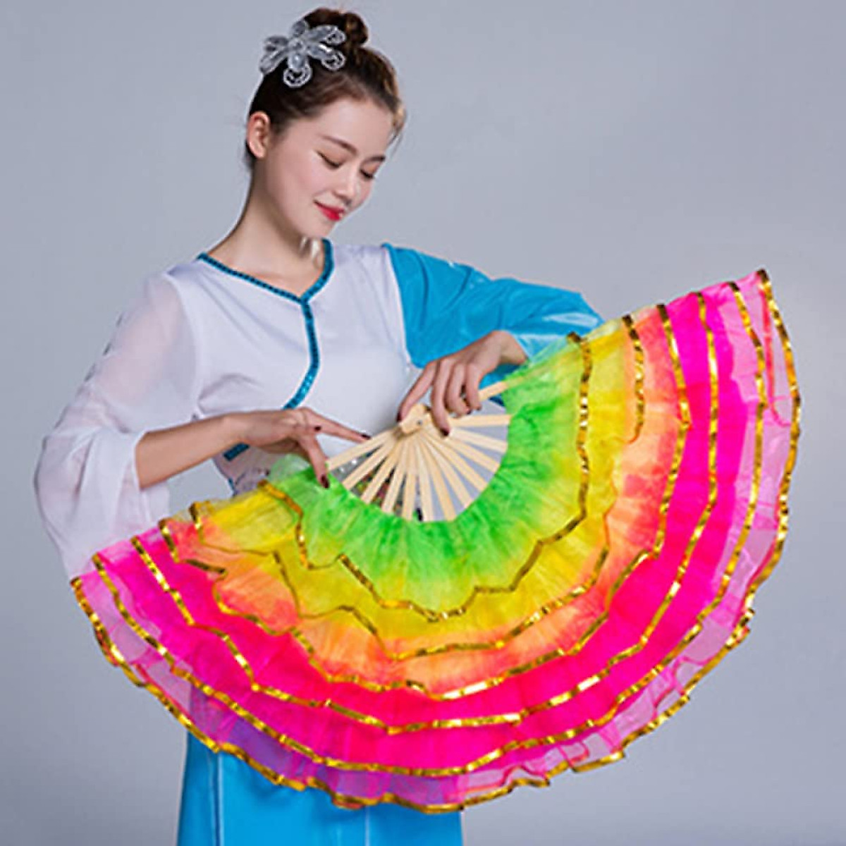 LELAMP 19 Styles Colorful Folding Flexible Dyed Silk Fan Folding Fan Hand Held Chinese Style Handmade Yangko Dance Performance Props
