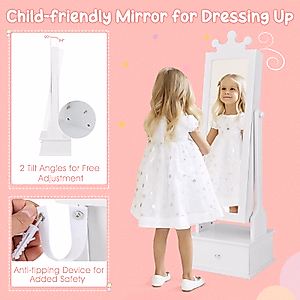 Costzon Kids Jewelry Armoire Cabinet, 45” Standing Jewelry Organizer with Full-Length Mirror, 3 Storage Drawers, Kids Vanity Dress Up Mirror Jewelry Cabinet for Girls (White)