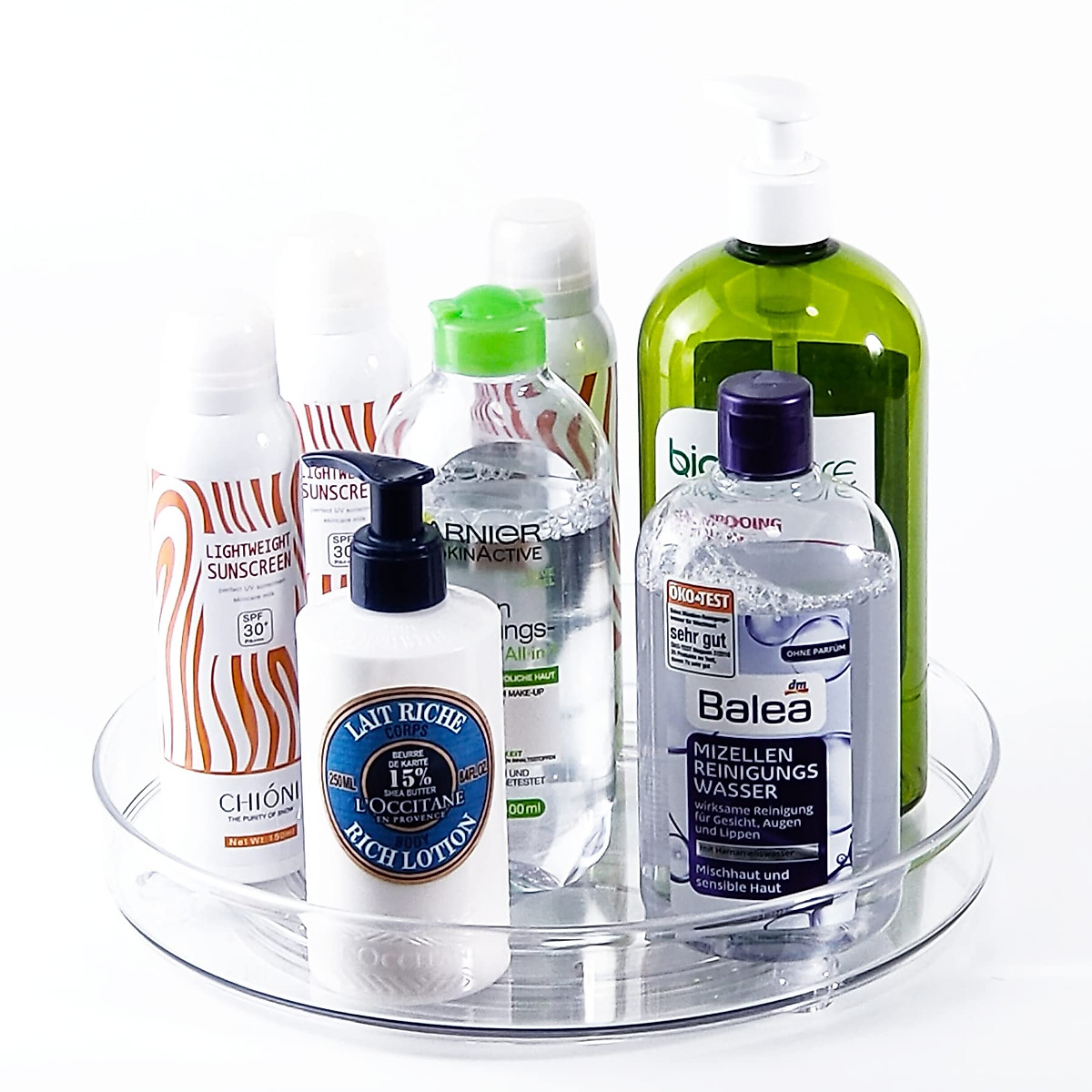 YCLADEC 4 Pack Lazy Susan 10.6inch Turntable Pantry Organization and Storage for Cabinet Organizer Container Bins Spice Rack Rotating Condiment Countertop Kitchen Vanity Bathroom Jewelry Holder Clear