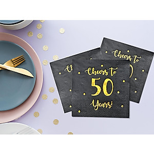 Cheers to 50 Years Cocktail Napkins | Happy 50th Birthday Decorations for Men and Women and Wedding Anniversary Party Decorations | 50-Pack 3-Ply Napkins | 5 x 5 inch folded (Black)