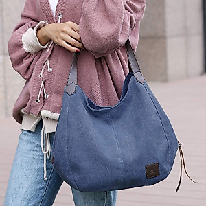 DOURR Women's Multi-pocket Shoulder Bag Fashion Cotton Canvas Handbag Tote Purse (Dark Blue - Medium Size)