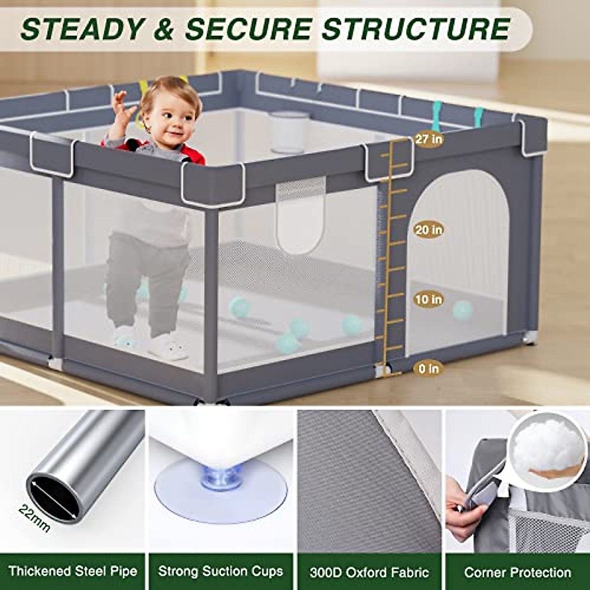 LEHOM Baby Playpen for Toddler, Play Yard for Baby,Large Playpen for Babies and Toddlers,Safety Baby PlayPen,Baby Fence Play Area with Breathable Mesh (Gray, 50x50")
