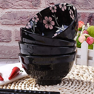 Whitenesser Japanese Style Rice Bowls set of 4, Ceramic Rice Bowls for Soup Cereal Oat (4, Black Sakura)
