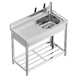 Free Standing Stainless-Steel Single Bowl Commercial Restaurant Kitchen Sink Set w/Faucet & Drainboard, Prep & Utility Washing Hand Basin w/Workbench & Storage Shelves Indoor Outdoor (39 in)