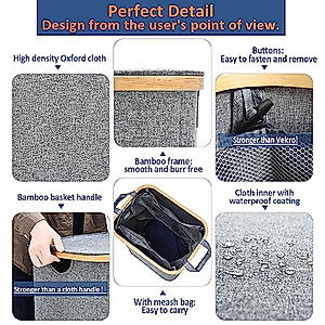 Edergoo Laundry Basket with Lid 100L, Laundry Hamper with Premium Bamboo Handle, Dirty Clothes Hampers for Laundry, 27.6" Tall Bathroom Laundry Basket Freestanding with Removable Bag, Grey