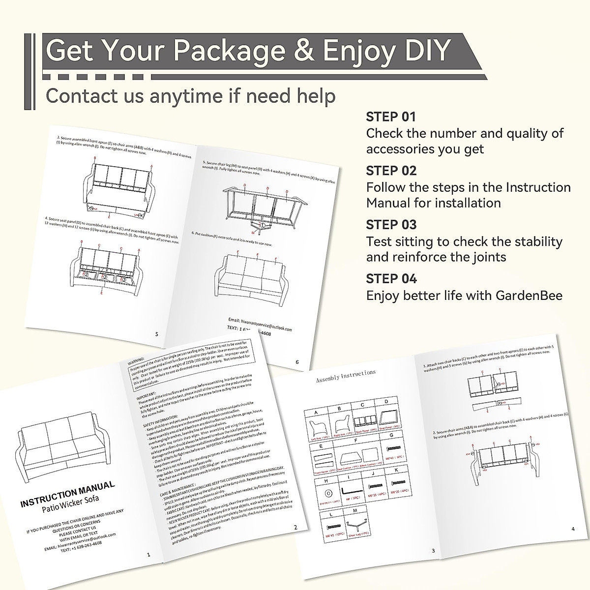 Gardenbee Outdoor Couch Wicker Patio Sofa - 3-Seat Patio Sofa with Deep Seating and Comfortable Cushions, Beige