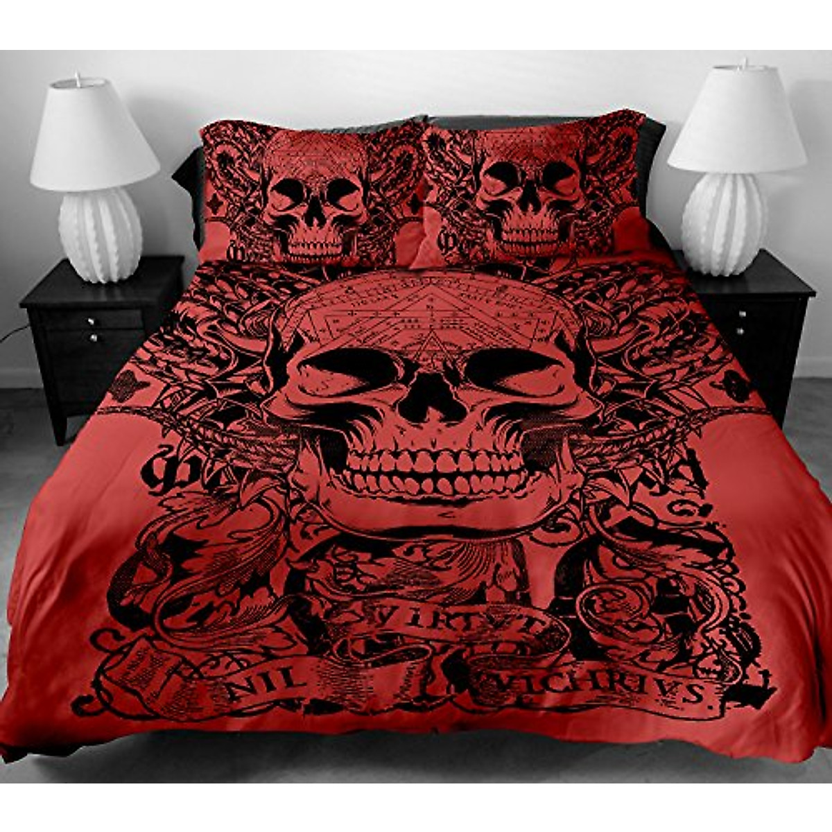 YSJ 3 PCS Skull Twin Full Queen King Duvet Cover Set with Zipper Closure,Ties-Black Red Skull Pattern Printed-King Size Bedding Set Comforter Protector Pillowcases (Queen)