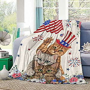 Flannel Fleece Throw Blanket Cute Cat USA Flag Independence Day Star Poppy Floral,Lightweight Cozy Warm Throws Patriotic Fireworks on Cotton,Soft Plush Blankets for All Seasons,Bed Couch Car 50x60in