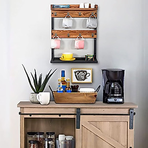 X-cosrack Countertop Coffee Mug Holder Rack 2 Tier Wall Mount Coffee Cup Holder Stand with 8 Hooks and Storage Shelf,Display Organizer Rack for Home Kitchen, Rustic Brown