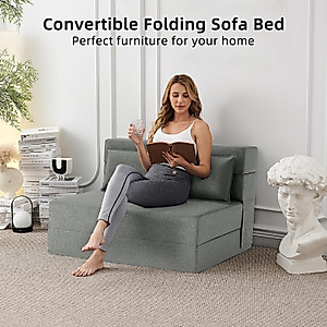 FILUXE Convertible Folding Sofa Bed - Sleeper Chair with Pillow, Modern Linen Fabric Floor & Futon Couch, Foldable Mattress for Living Room/Dorm/Guest/Home Office/Apartment, Standard Size, Light Gray