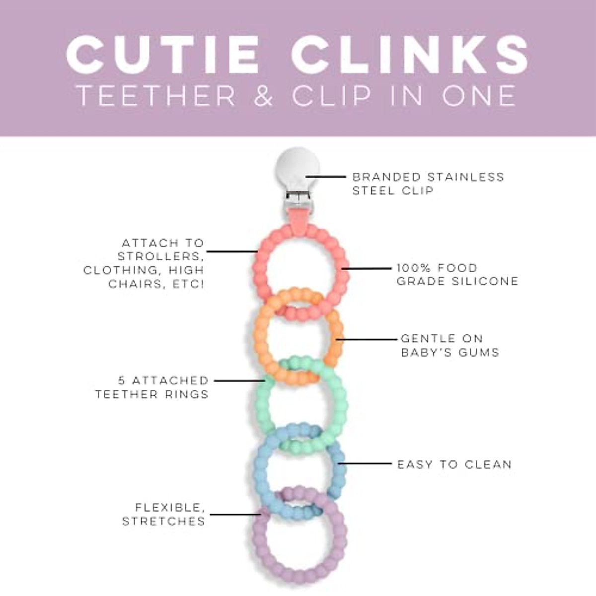 Ryan & Rose Cutie Clinks Attachable Teether Chew Toy for Babies (Mosaic)