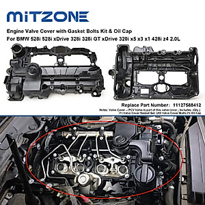 MITZONE N20 Engine Valve Cover with Gasket Bolts Kit, Oil Cap for BMW 2012-2018 528i 528i xDrive 328i 328i GT xDrive 320i x5 x3 X1 428i z4 2.0L Replace 11127588412