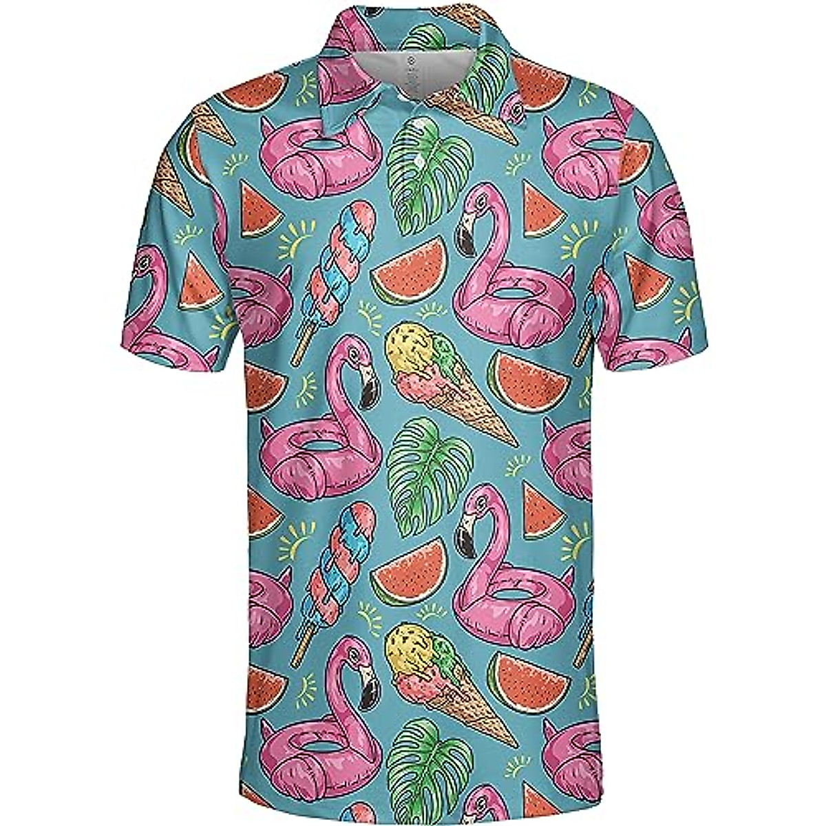 Rhodias Flamingo Shirt Flamingo Golf Shirt Floral Golf Shirts for Men Hawaiian Golf Blue Shirt Pink Ice Cream Watermelon