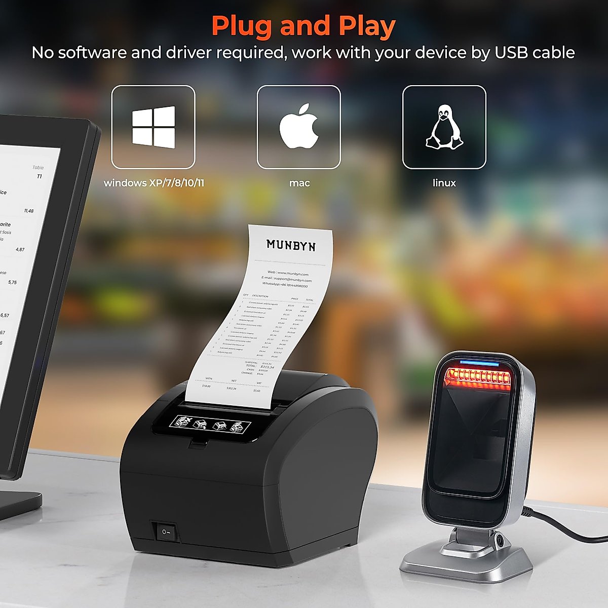 MUNBYN 1D 2D Barcode Scanner IOBC01 Hands-Free Barcode Scanner Omnidirectional PDF417 Data Matrix QR USB Wired Reader, Auto/Manual Destktop Scanner Support Paper/Screen Barcode, Plug & Play